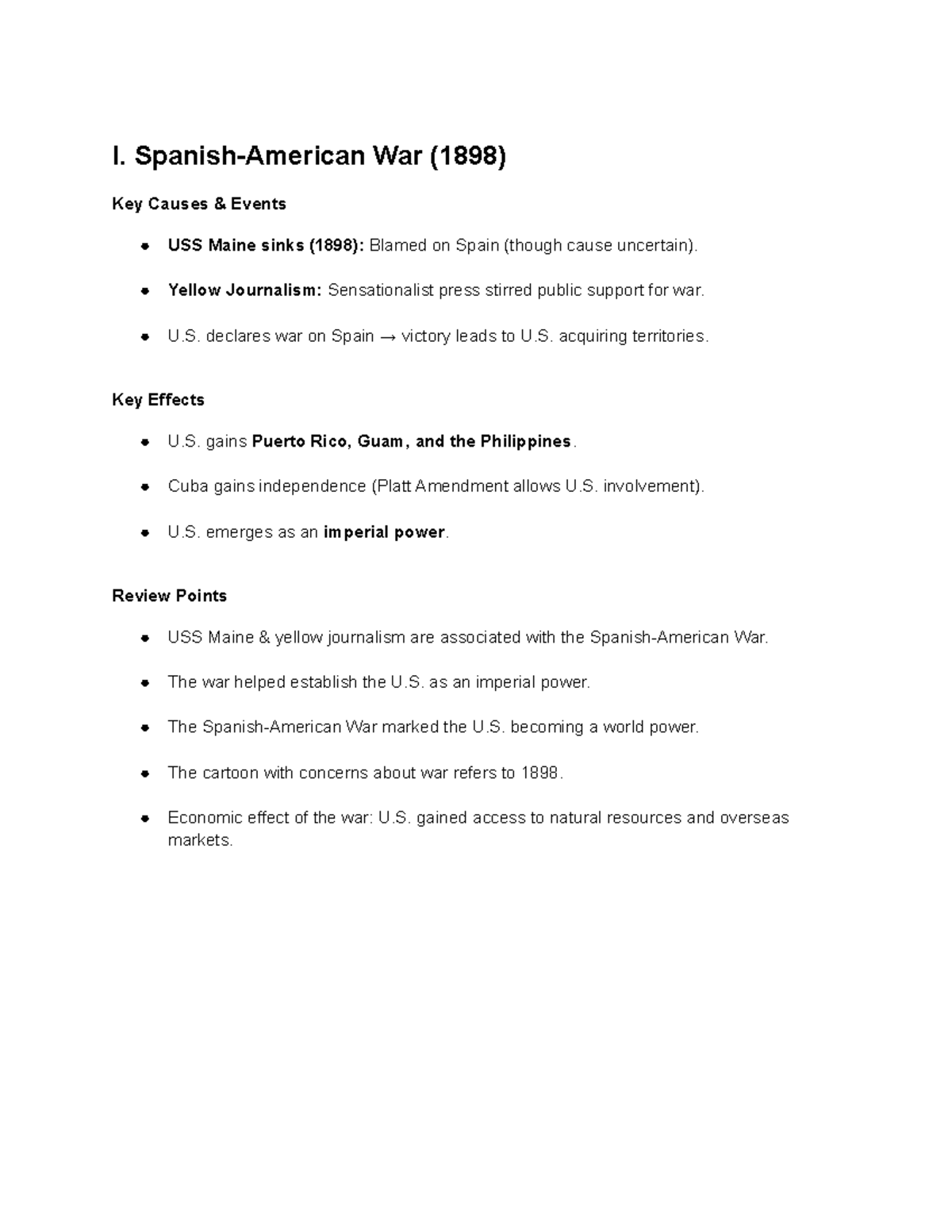 Unit 2 Outline: Key Causes & Effects of War (1898) and U.S. Foreign ...