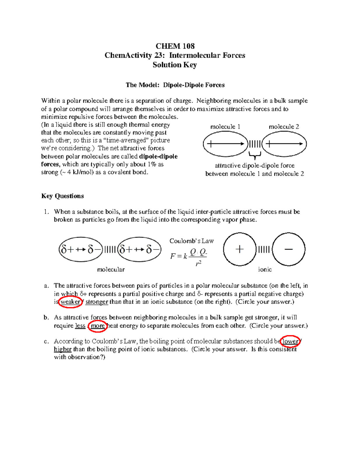 CHM108 ChemActivity 23 Soln Key on Intermolecular Forces - Studocu