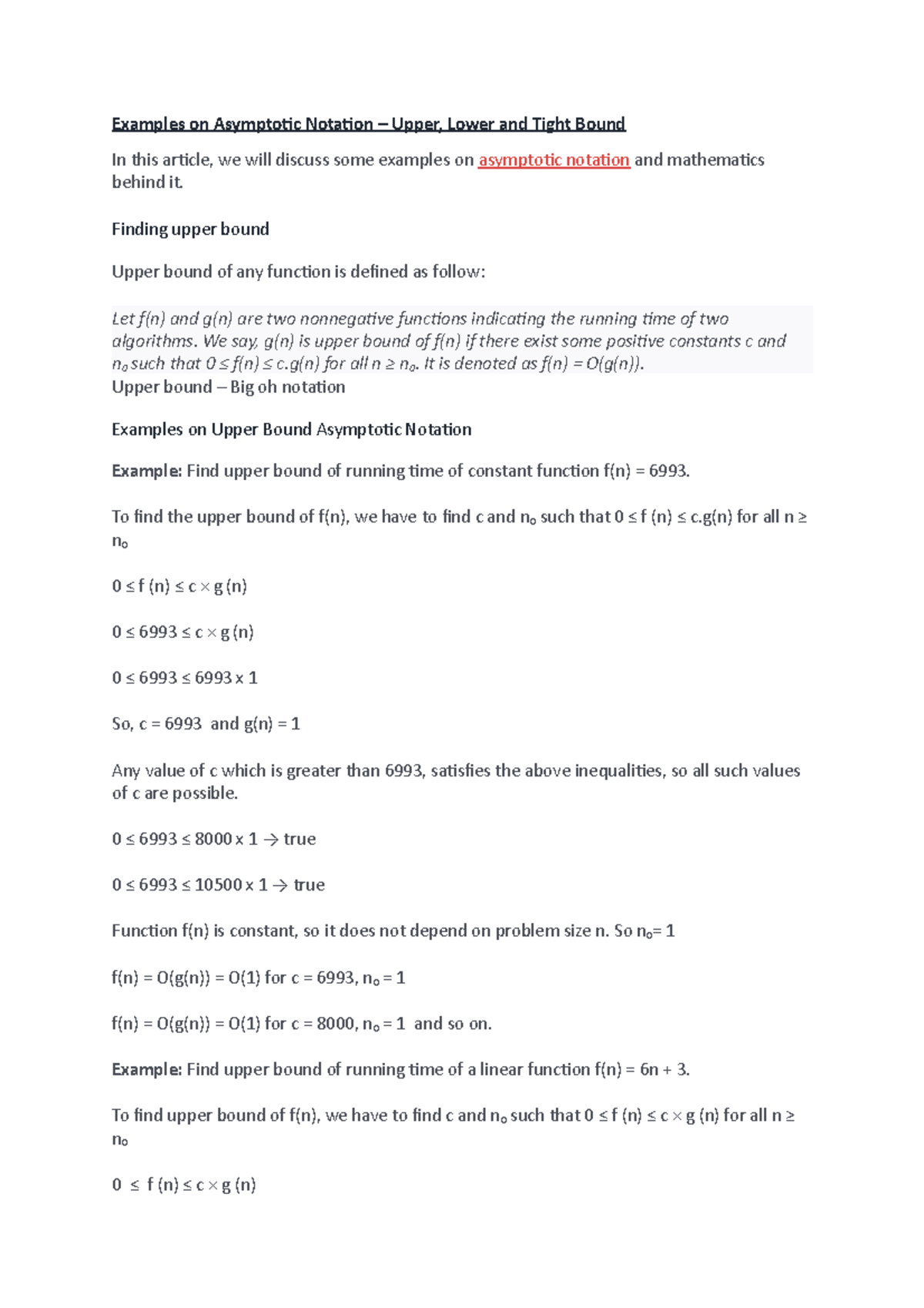 Examples of Asymptotic Notation: Upper, Lower & Tight Bounds - Studocu