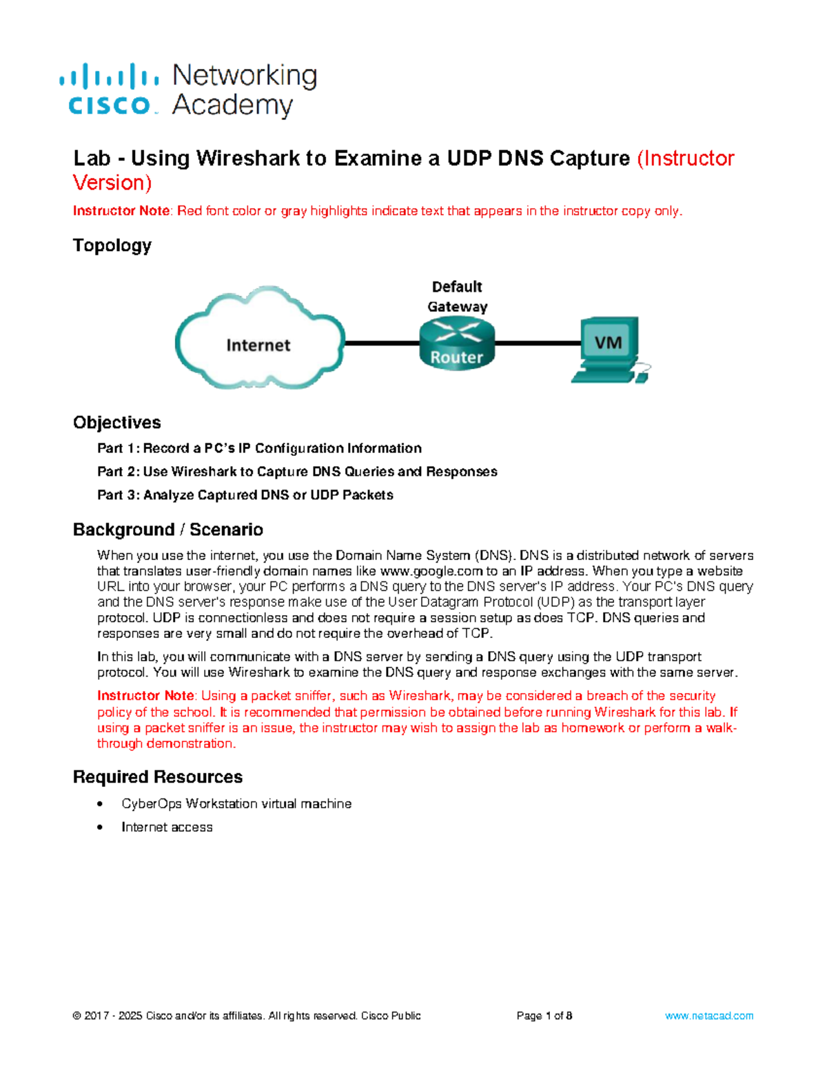 W7 10.2.7 Lab - Analyzing UDP DNS Capture with Wireshark - Instructor ...