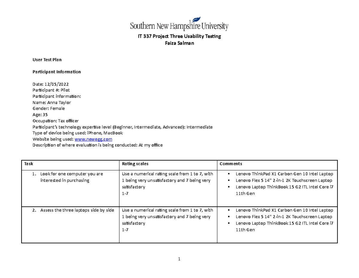 IT 337 Final Project Usability Testing User Test Plan Template - Studocu