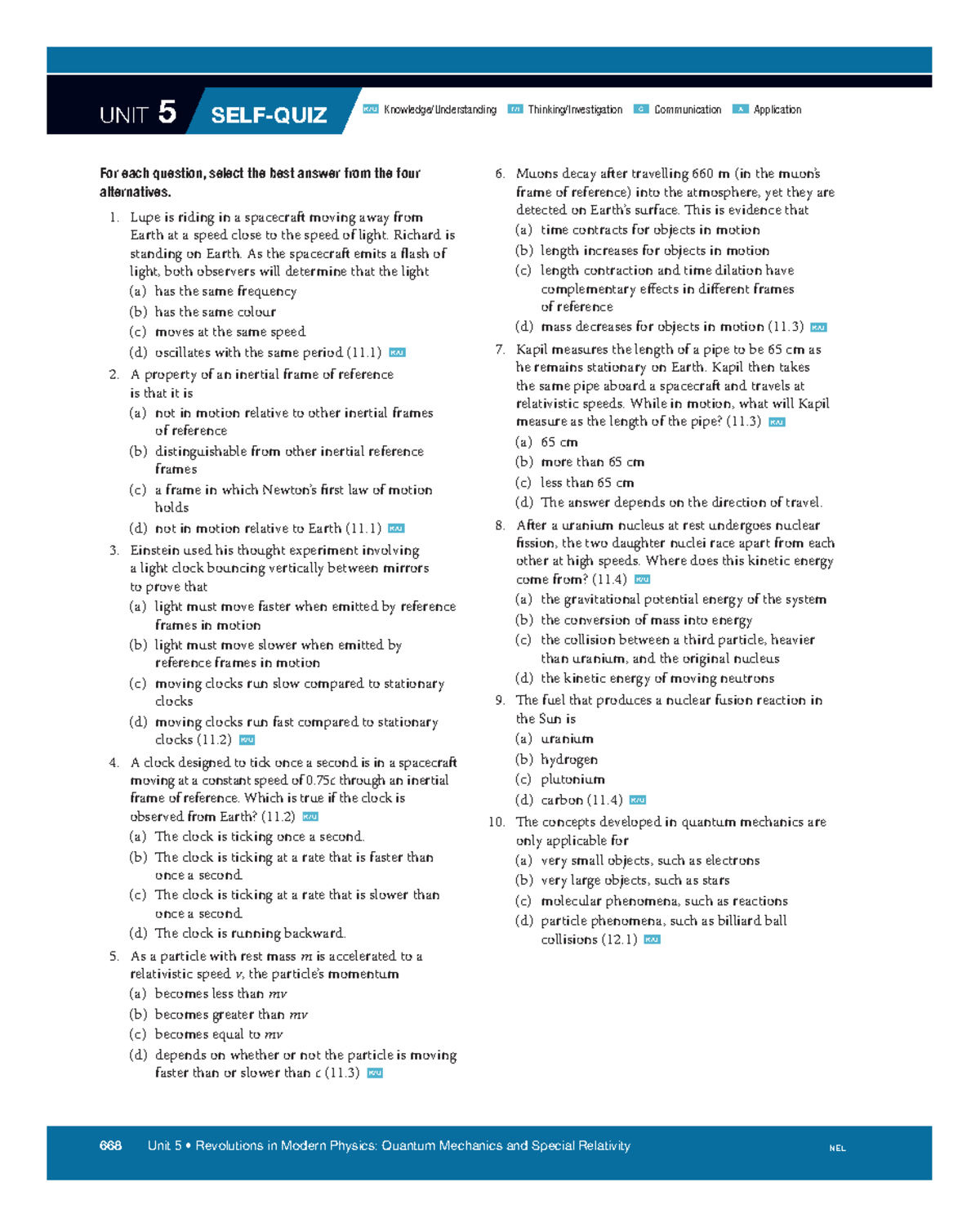 Phys12 u5 sq - Nelson Physics 12 textbook - For each question, select ...