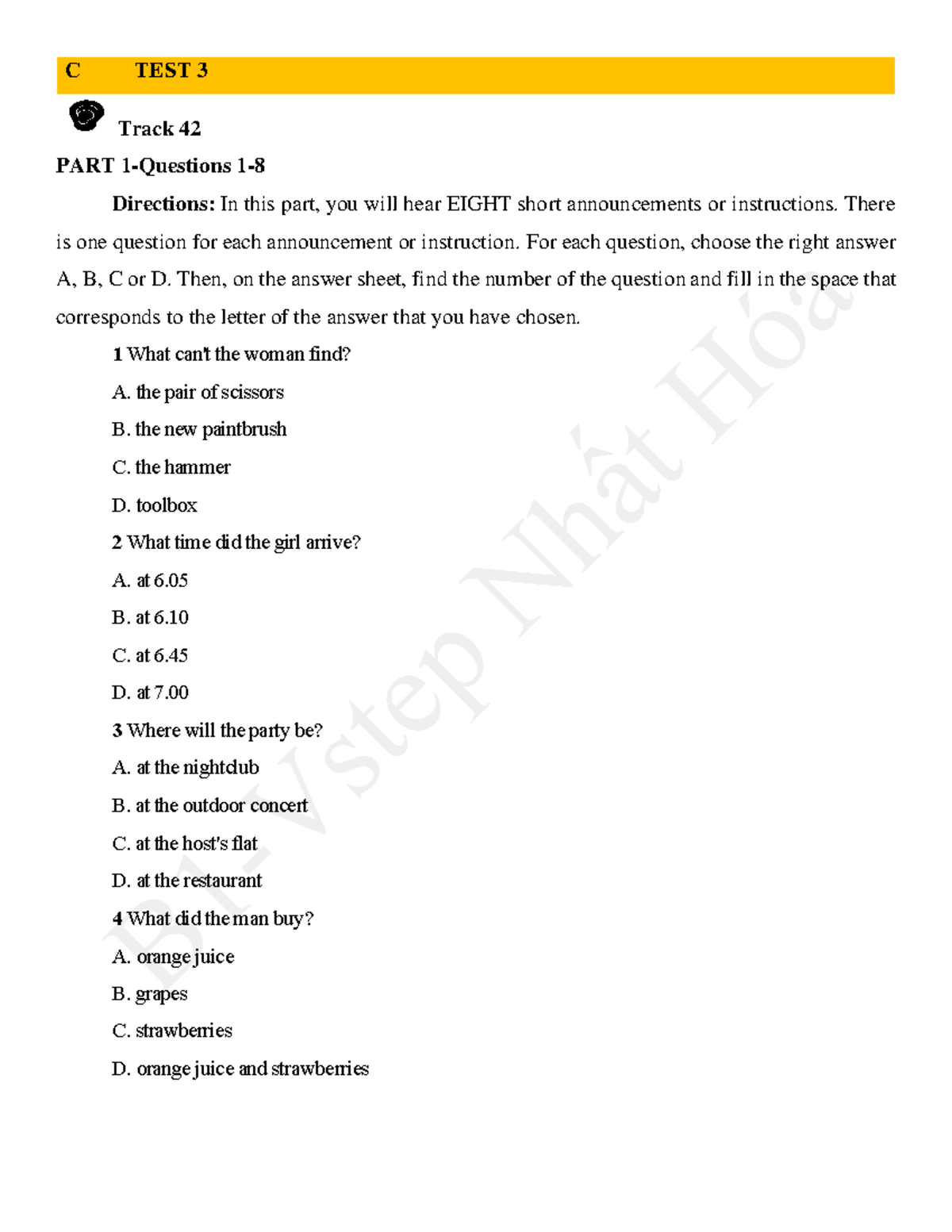 TEST 3 - aaa - C TEST 3 Track 42 PART 1 - Questions 1- 8 Directions: In ...