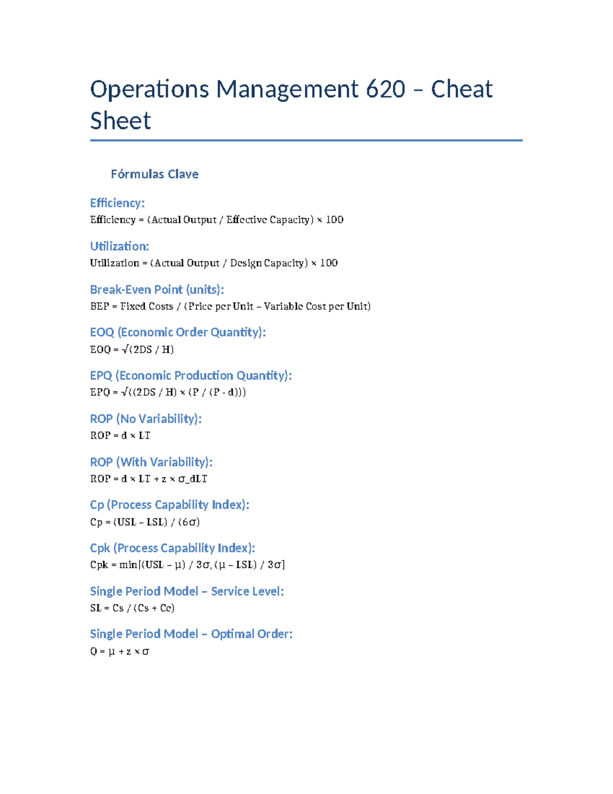 Operations 620 Cheat Sheet - Operations Management 620 – Cheat Sheet 📐 ...
