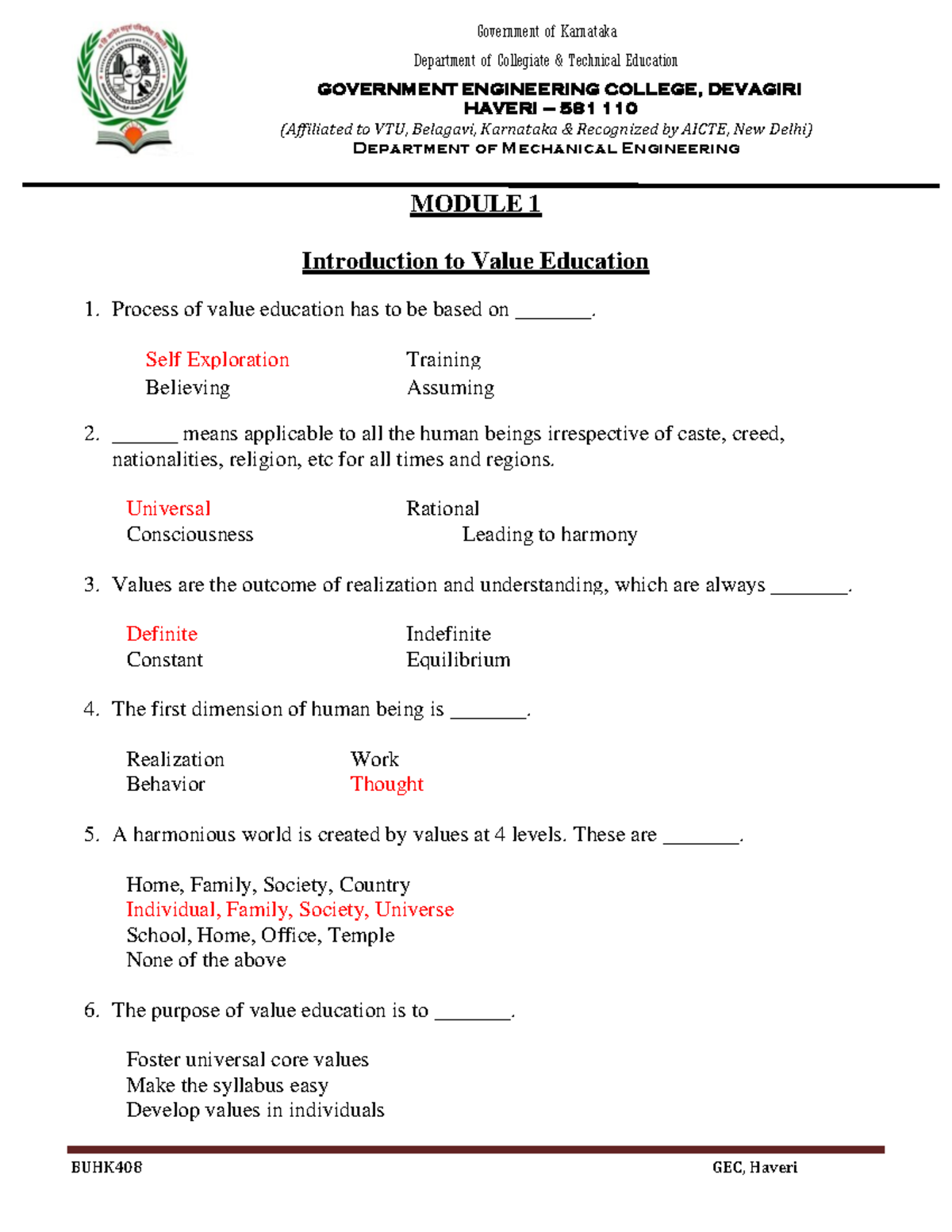 UHV MCQ Module 1 - Value Education Exam Questions BUHK408 GEC, Haveri ...