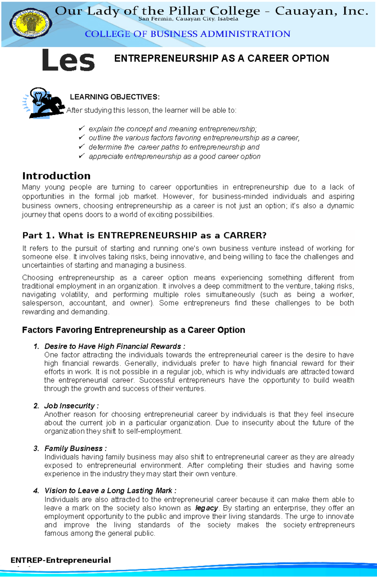Lesson-1- Entrep - Summary Nursing Informatics - ENTREP-Entrepreneurial ENTREPRENEURSHIP AS A ...