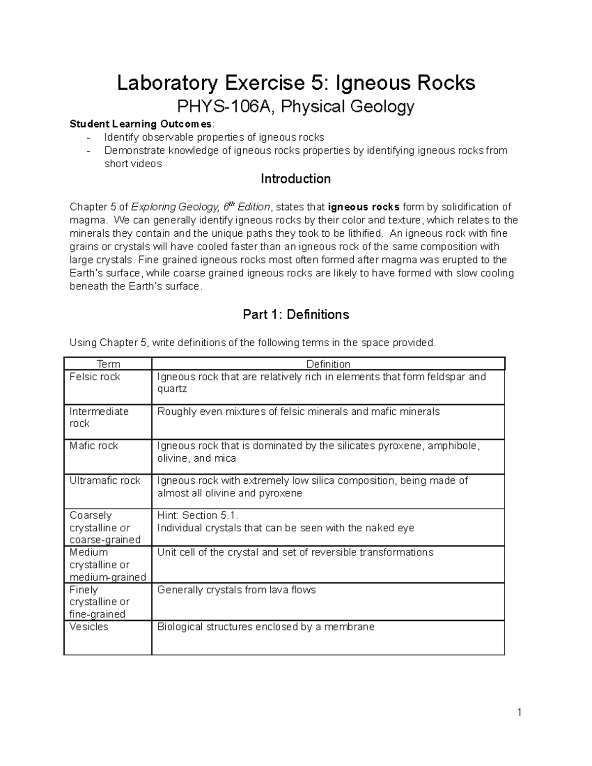 PHYS-106A Lab 5: Identifying and Classifying Igneous Rocks - Studocu