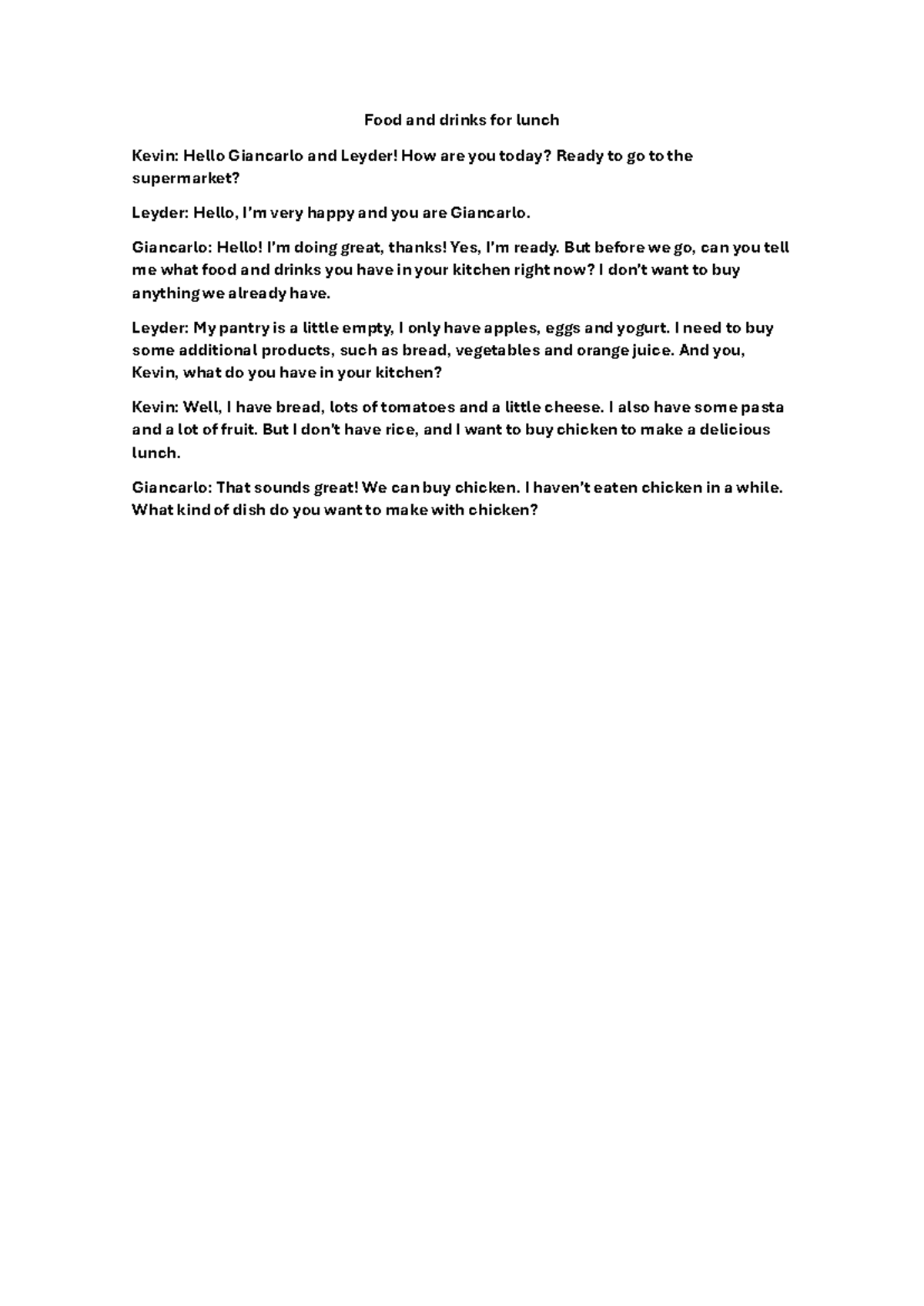 Food and Drinks for Lunch Planning: A Conversation - Studocu