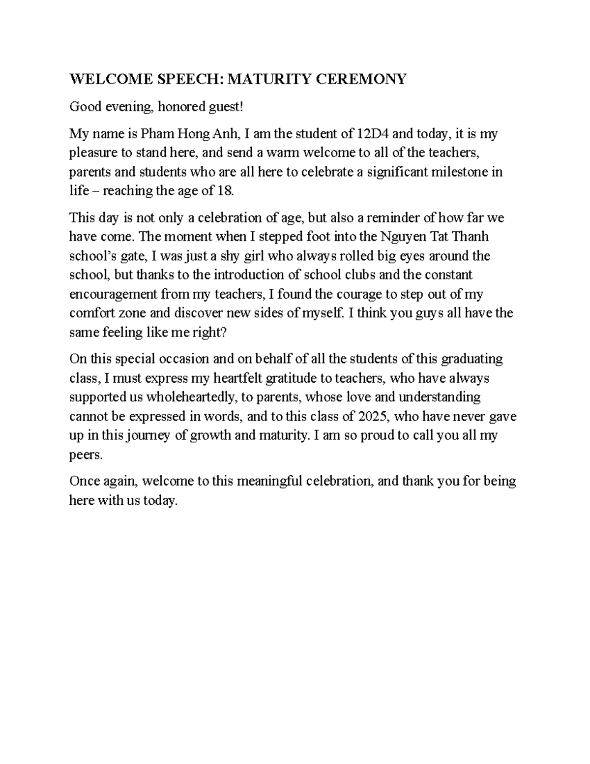 12D4 Maturity Ceremony Welcome Speech - Studocu