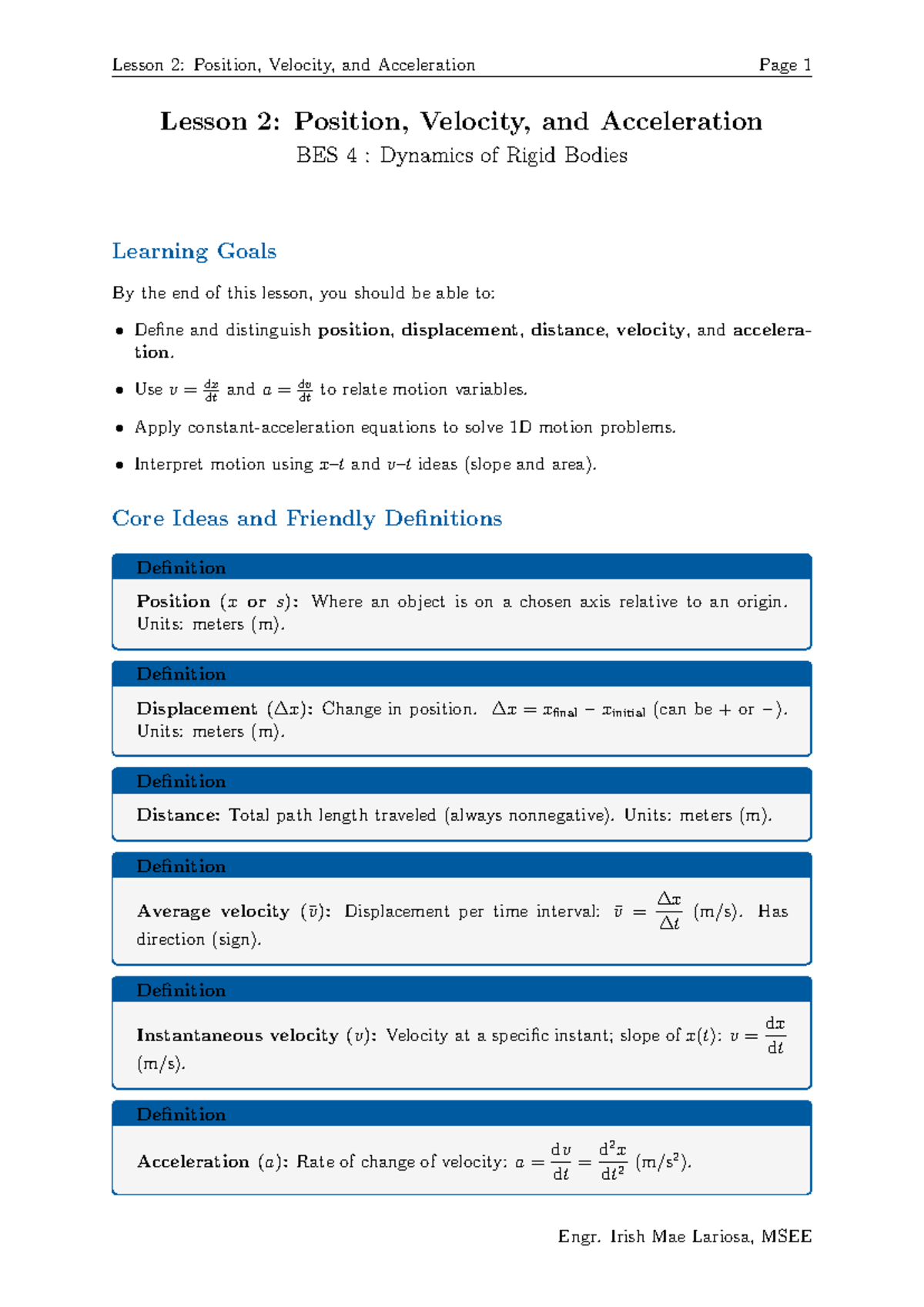 Lesson 2: Position, Velocity, and Acceleration BES 4 Dynamics - Studocu