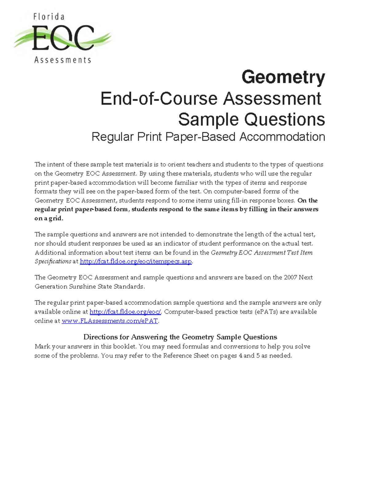 Florida Geometry EOC Assessment Sample Questions: Paper-Based Guide ...