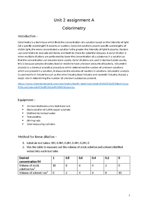 Assignment 2A - Colorimetry (student) - Assignment 2A – Colorimetry Determine the concentration ...
