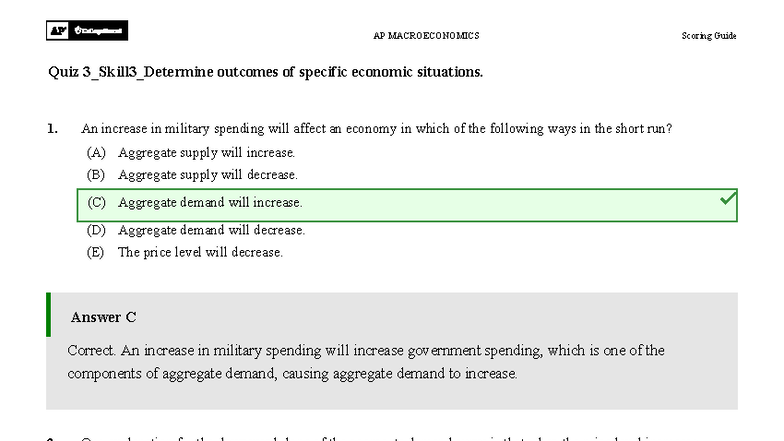 AP MACROECONOMICS Quiz 3 Scoring Guide: Economic Situations Outcomes ...