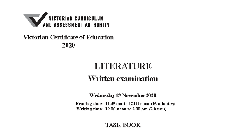 2020 VCE Literature Exam: Written Examination Guidelines and Tasks ...