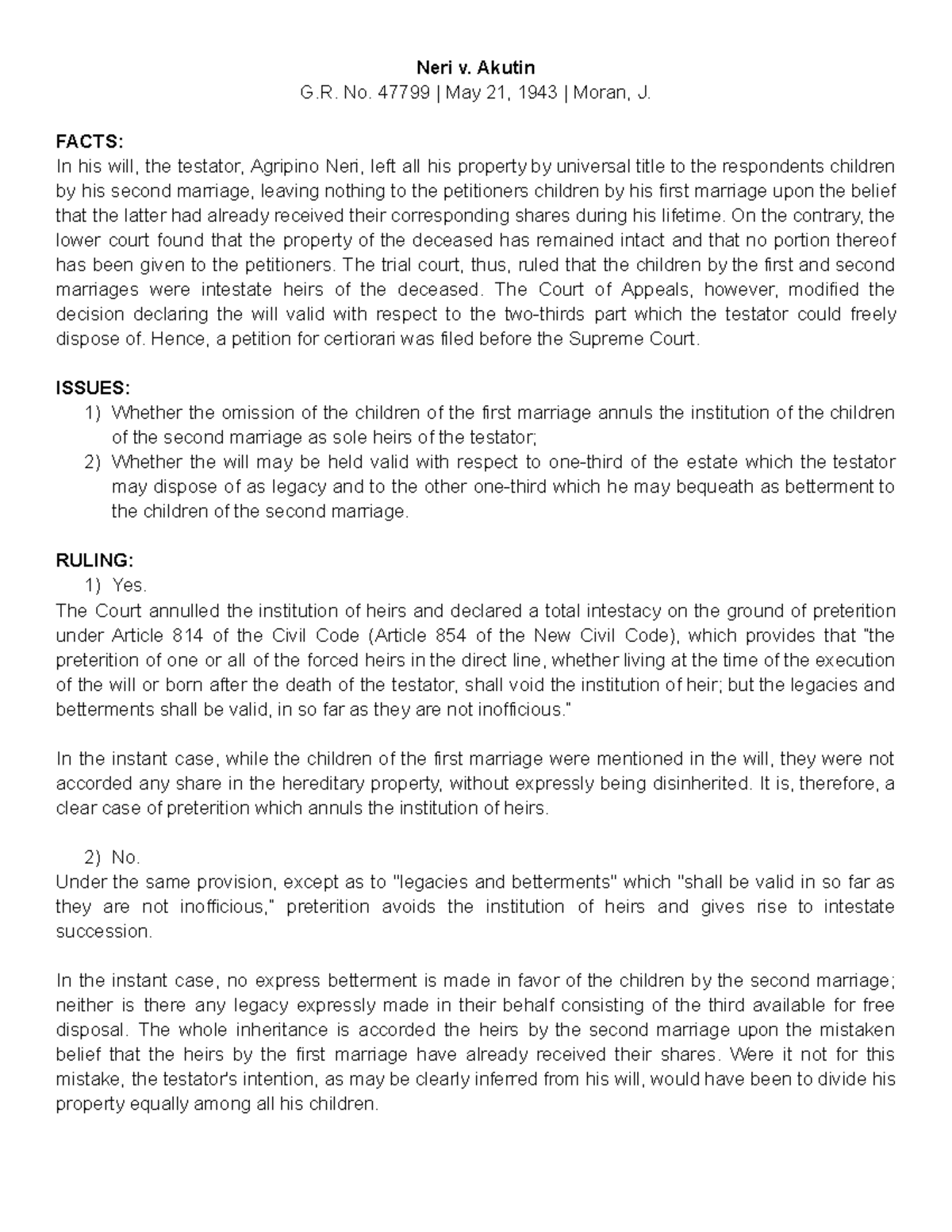 Neri v. Akutin Case Digest: Legal Analysis of Heirship and Preterition ...