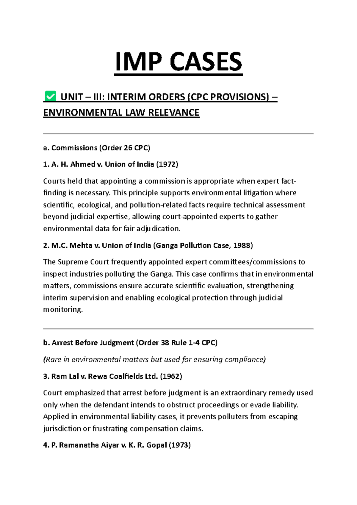 IMP Cases CPC Unit 3 & 4: Environmental Law Insights - Studocu