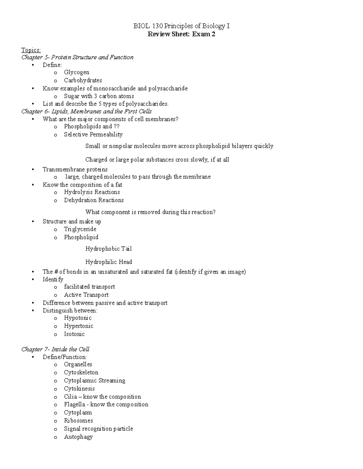 BIOL 130 Final Exam Review: Chapters on Protein Structure & Cell Membranes - Studocu