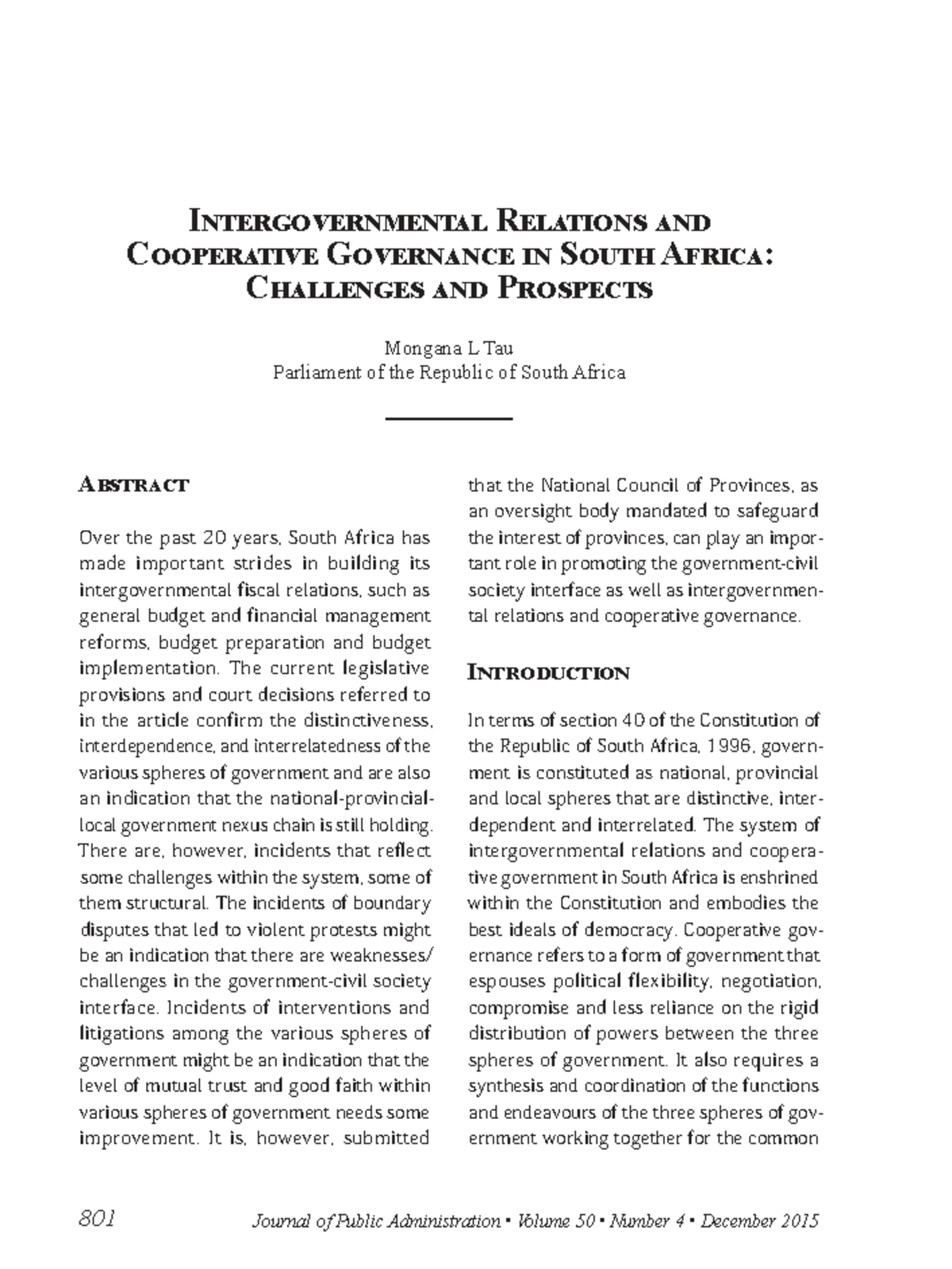 Intergovernmental Relations and Cooperative Governance Challenges in SA ...