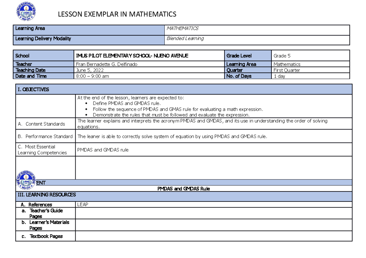 Grade 5 Math Lesson Exemplar: Understanding PMDAS & GMDAS Rules - Studocu