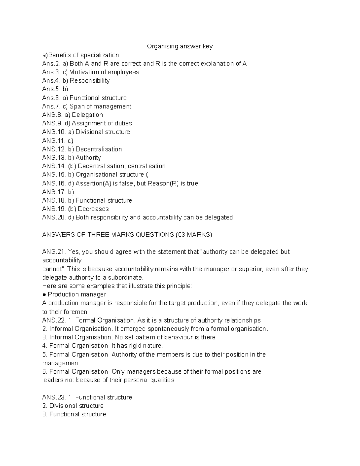 Organising Answer Key for Management Concepts - 3 & 4 Marks - Studocu