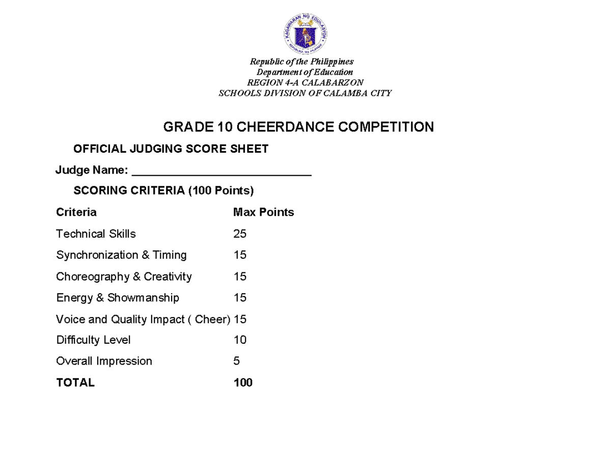 Grade 10 Cheerdance Competition Judging Score Sheet (N/A) - Studocu
