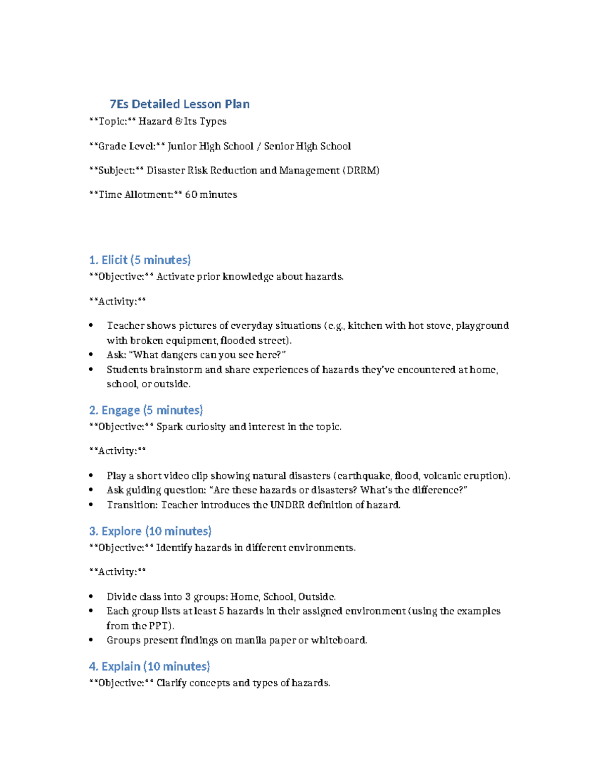 7Es Detailed Lesson Plan on Hazards for DRRM (Junior & Senior High ...