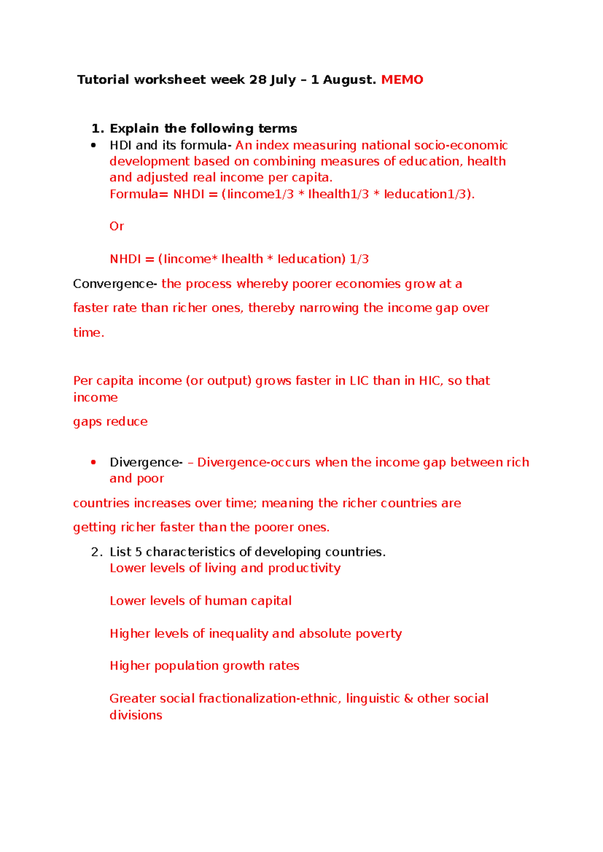 Tutorial Worksheet Week 28 Memo: HDI & Characteristics of Developing ...