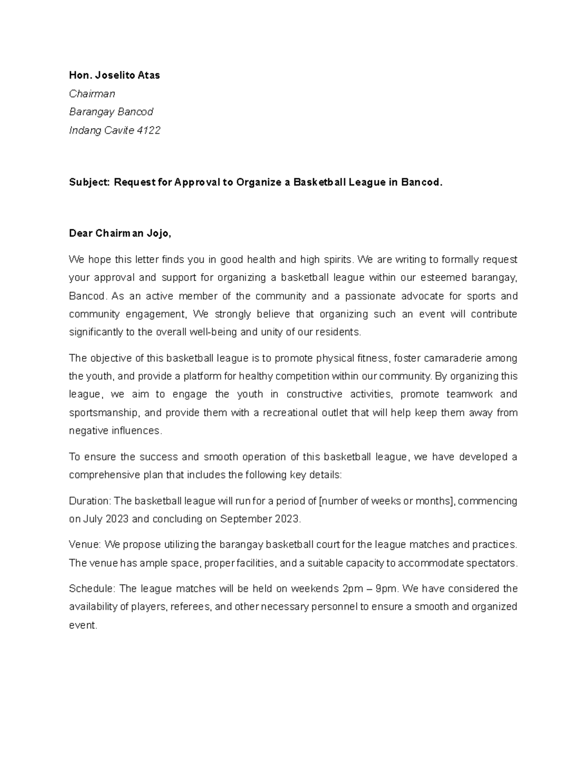 Proposal for Organizing a Basketball League in Barangay Bancod - Studocu