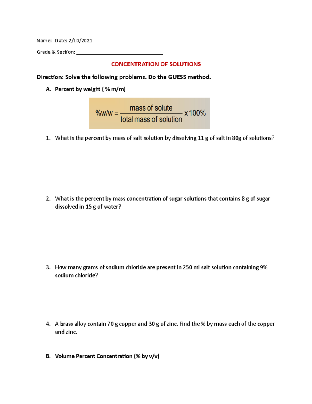 Concentration of Solution- Worksheet - Name: Date: 2/10/ Grade ...