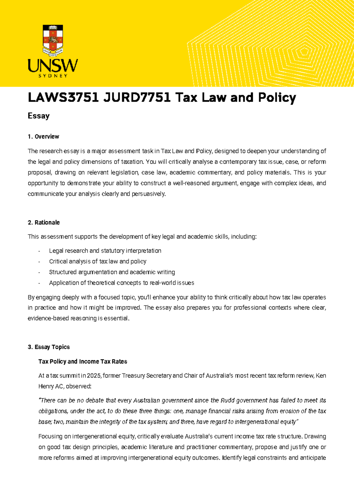 LAWS3751 JURD7751 Tax Law and Policy Essay 1: Overview and Guidelines ...