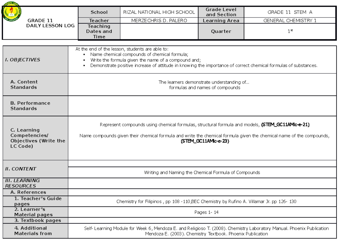 COT General Chemistry 1 Lesson on Naming Compounds - Grade 11 STEM ...