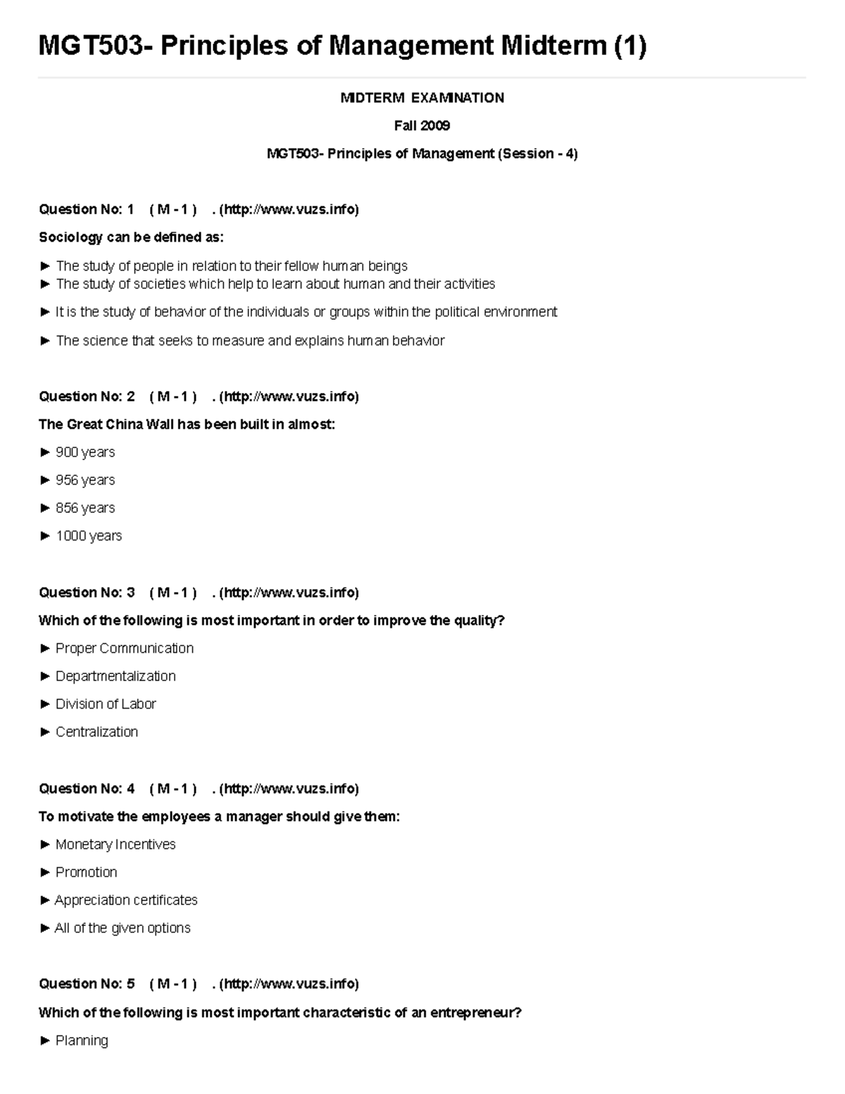 MGT503 - Principles of Management Midterm Exam Review Fall 2009 - Studocu