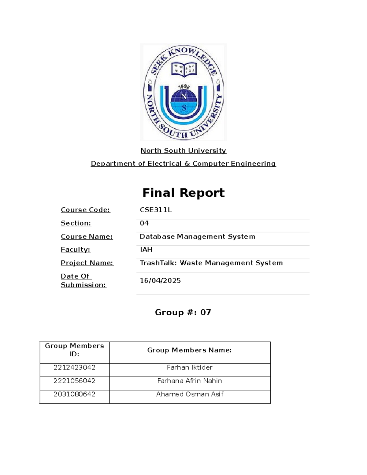 311 lab report - asfaefefef - Database Management System - North South ...