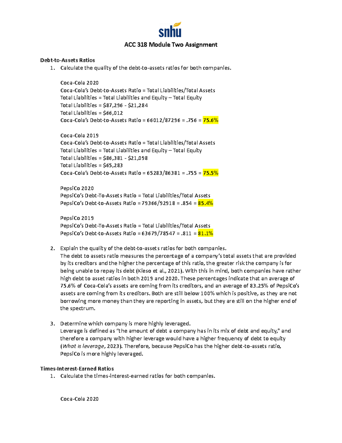 ACC 318 Module Two Assignment: Analysis of Debt Ratios for Coca-Cola ...