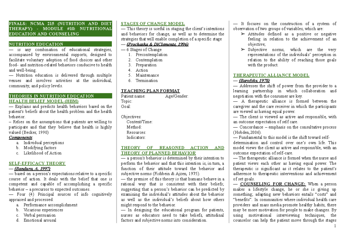 FINALS: NCMA 215 (NUTRITION AND DIET THERAPY) REVIEWER ON EDUCATION AND ...