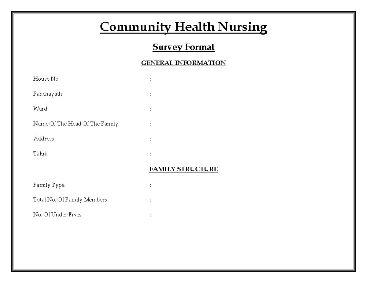 CHN Survey Format: Community Health Nursing Assessment Guide - Studocu