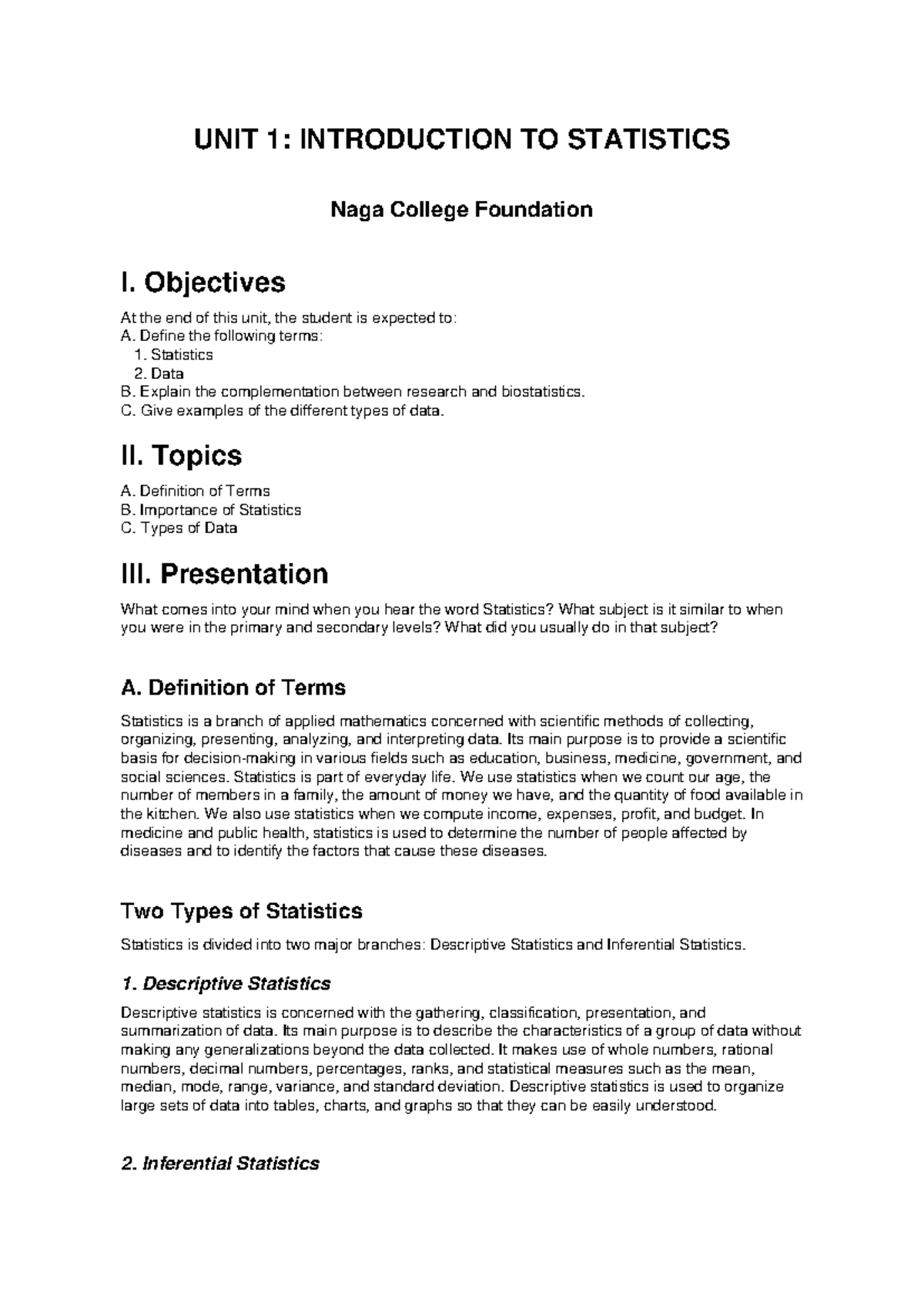 Unit 1: Introduction to Statistics (NCF) - Key Concepts and Types - Studocu