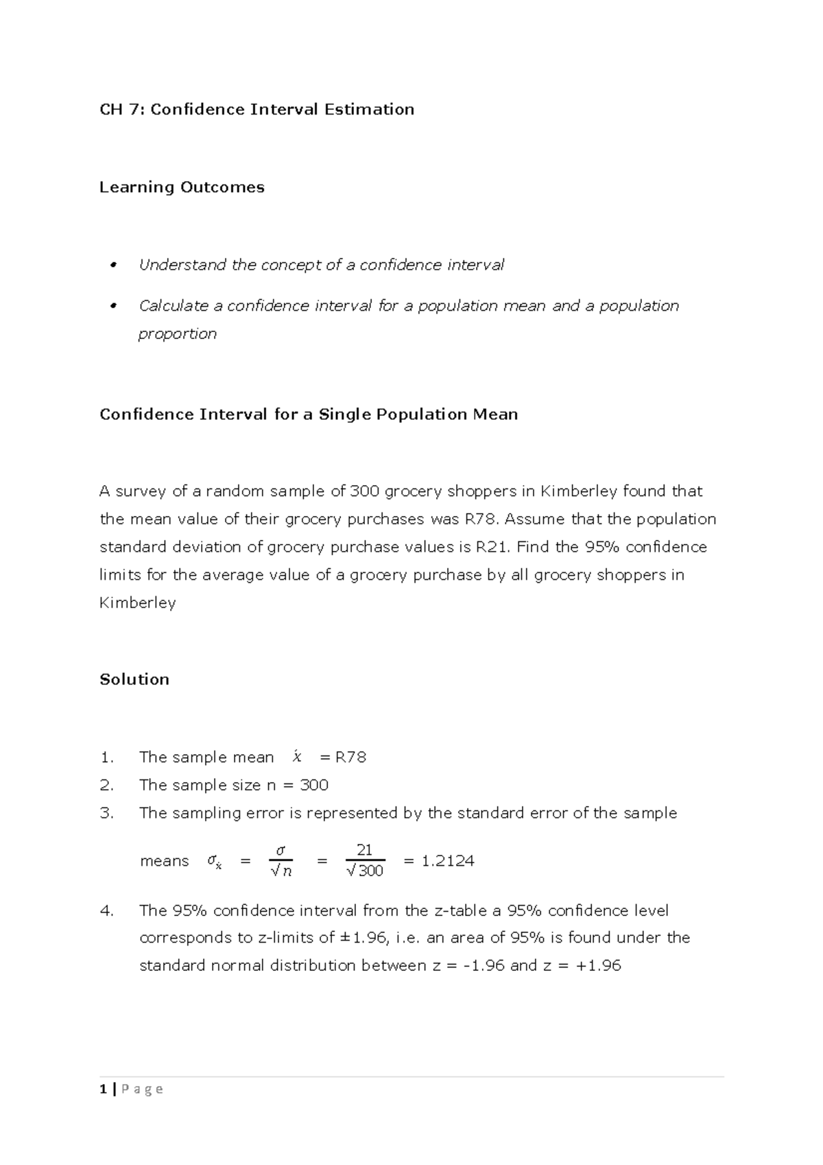 Unit 7 Confidence Intervals - CH 7: Confidence Interval Estimation ...