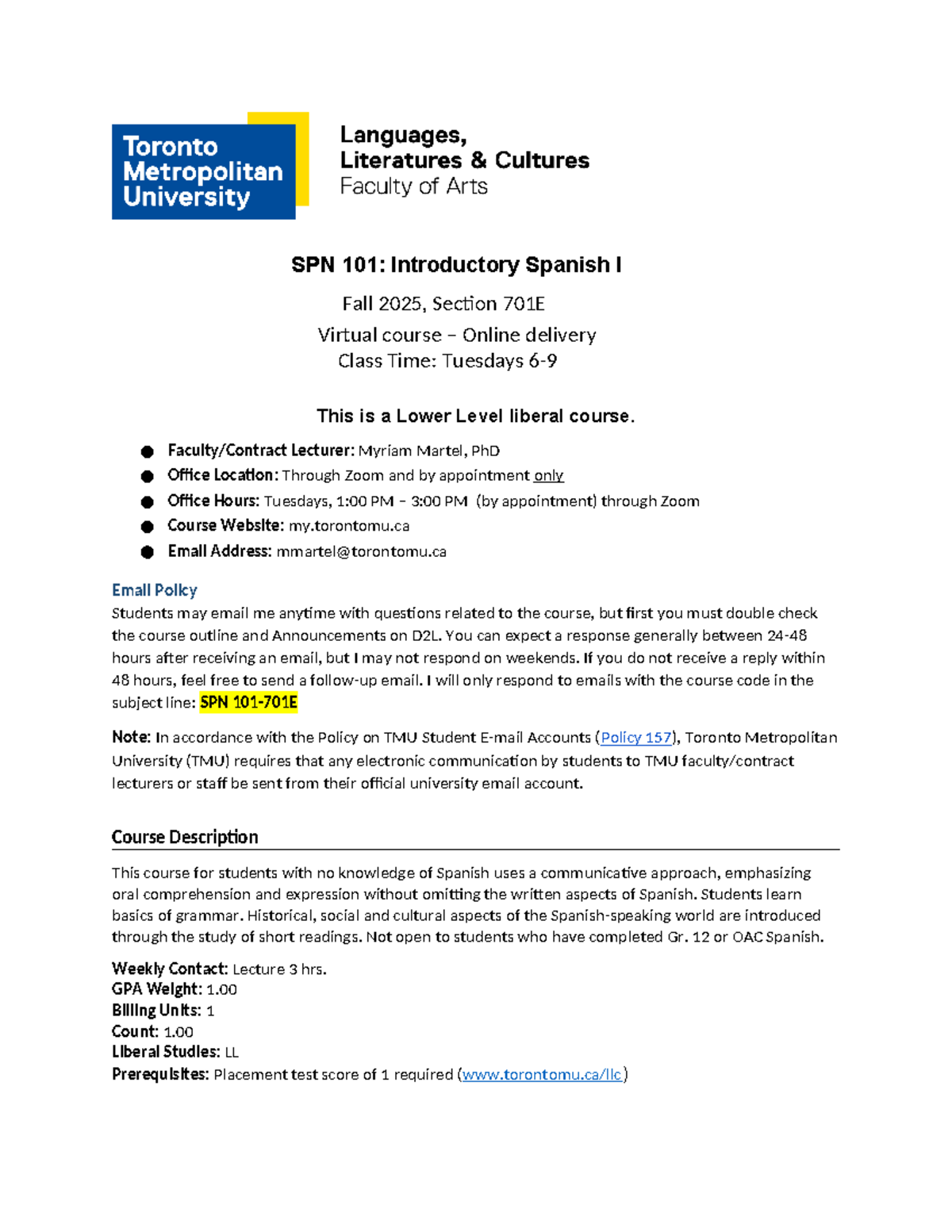 SPN 101: Introductory Spanish I Outline for Fall 2025, Section 701E - Studocu