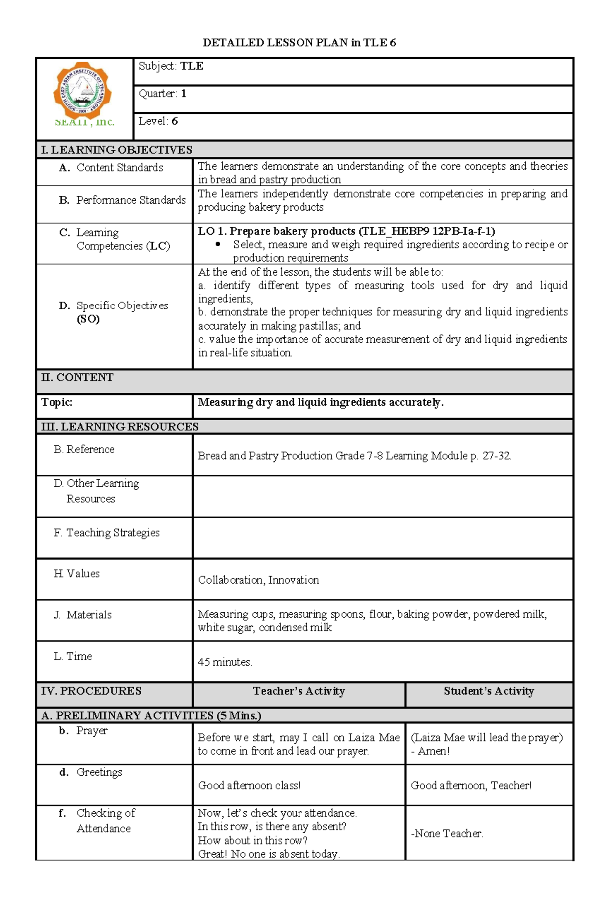 Detailed Lesson PLAN in TLE 7 - DETAILED LESSON PLAN in TLE 6 SEAIT ...