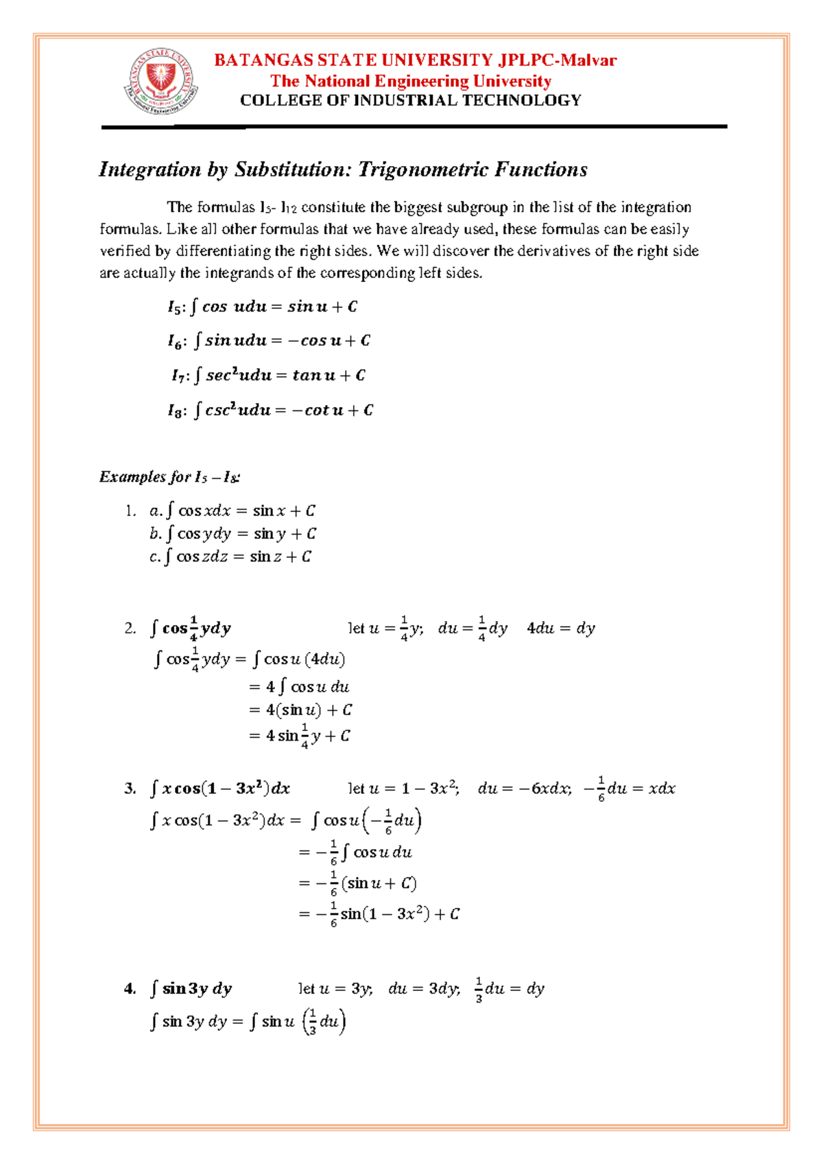 Integration 1 - The National Engineering University COLLEGE OF ...