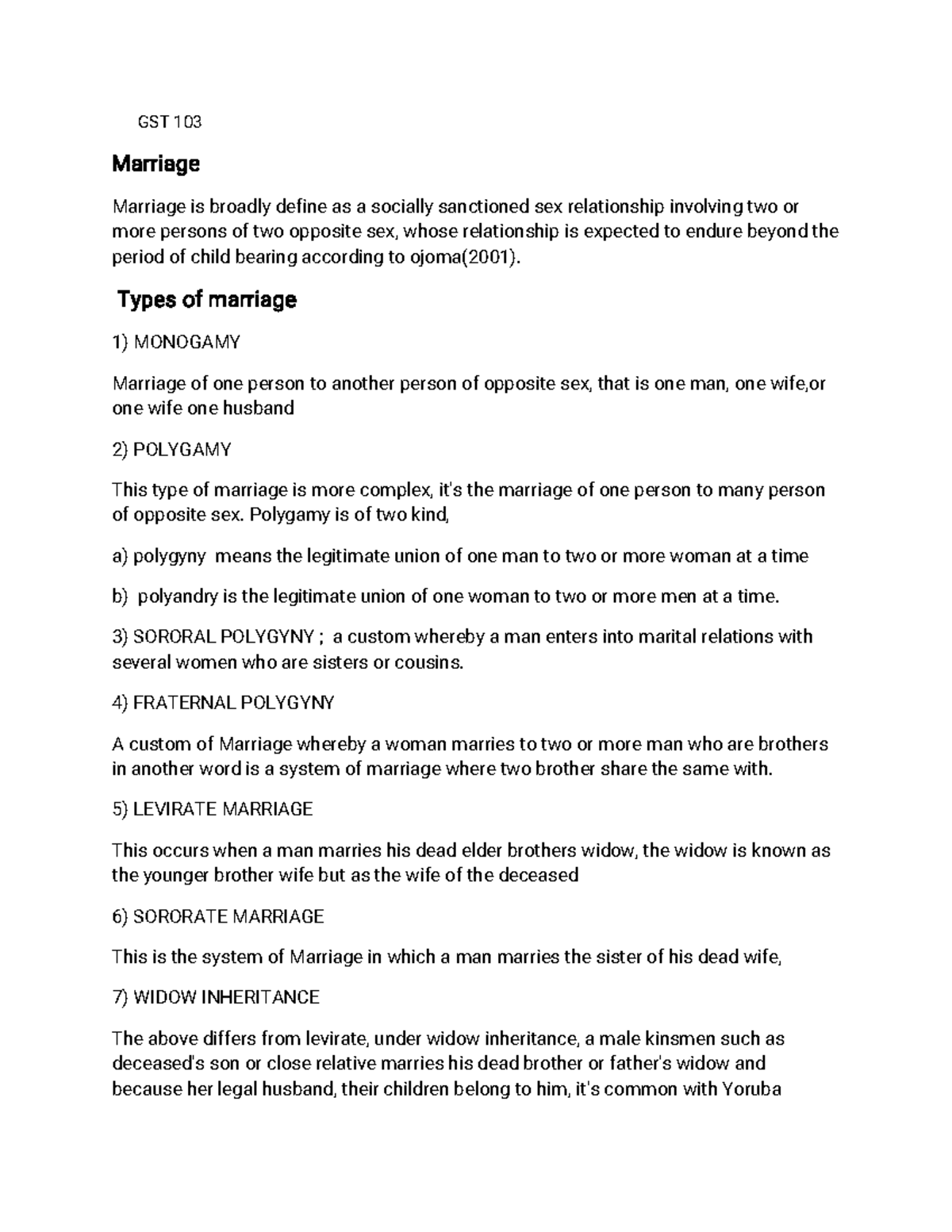 GST 103 - Types of Marriage: Definitions and Customs - Studocu