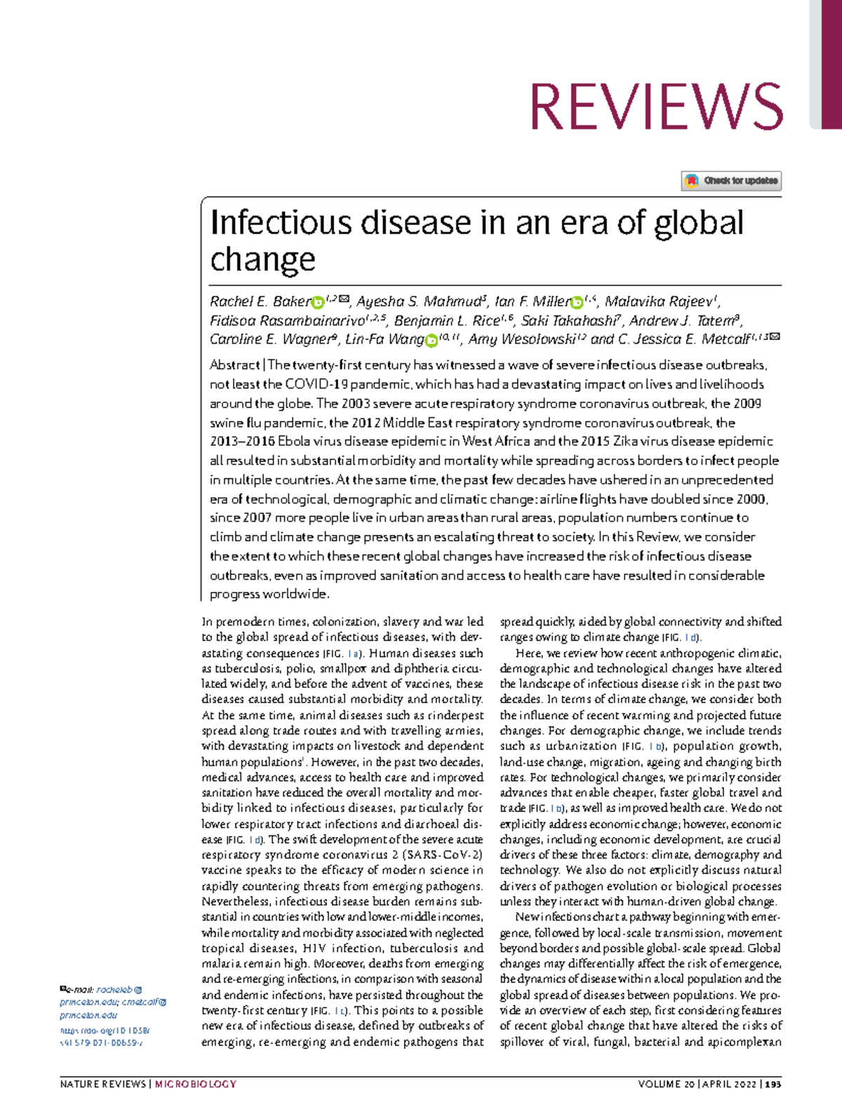 Infectious Disease Dynamics in a Changing World: Insights from Baker et ...
