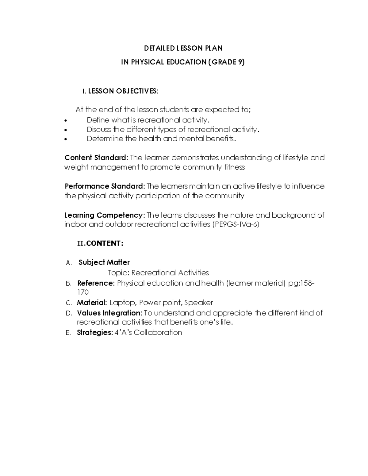 Detailed Lesson Plan in PE for Grade 9: Focus on Recreational ...