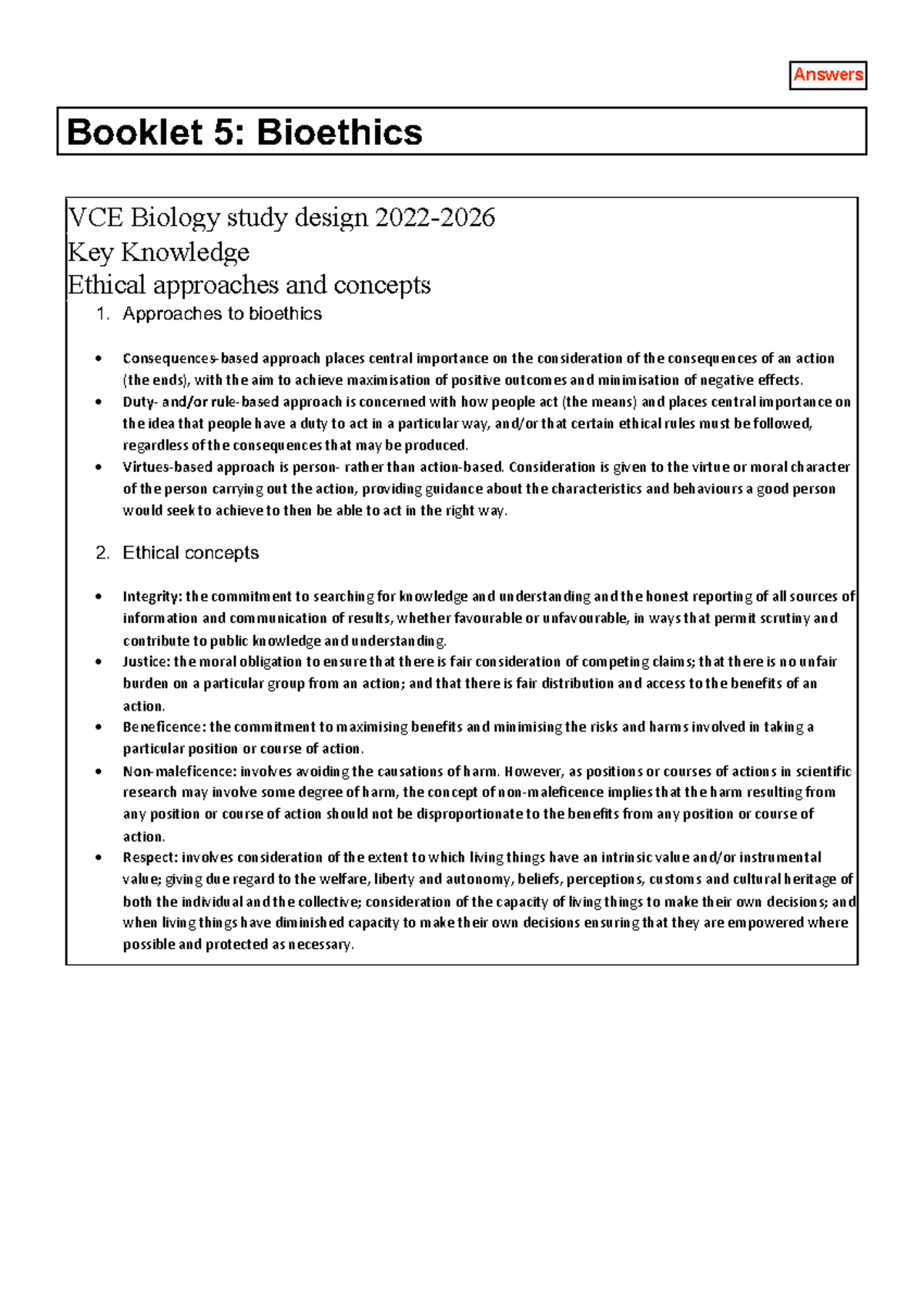 Answers Booklet 5: Bioethics Review for VCE Biology 2022-2026 - Studocu