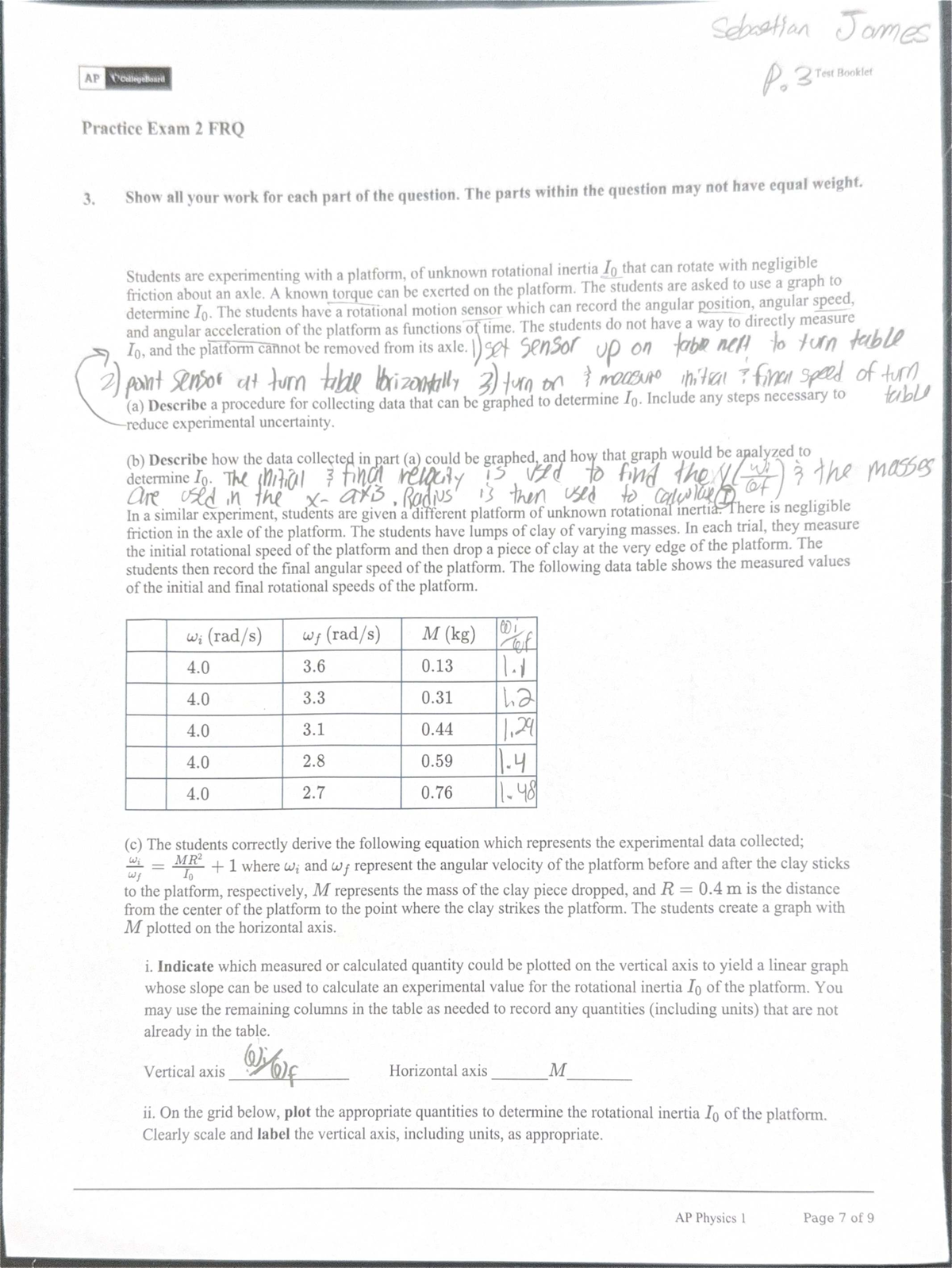 AP Physics 1 P.3 Test Booklet: Practice Exam 2 FRQ 3 - Experimental ...