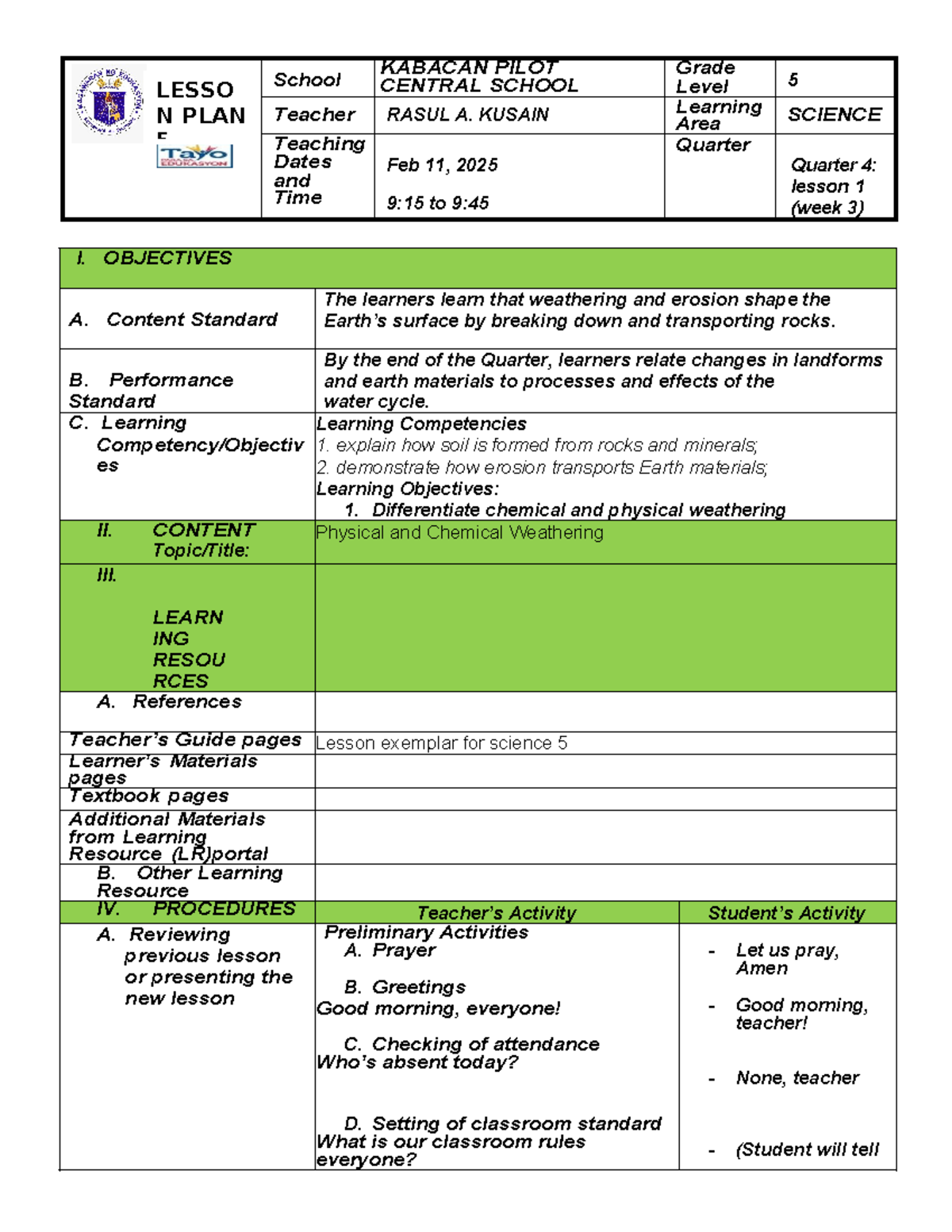 Lesson Plan 5: Weathering & Erosion for Grade 5 Science (Quarter 4 ...