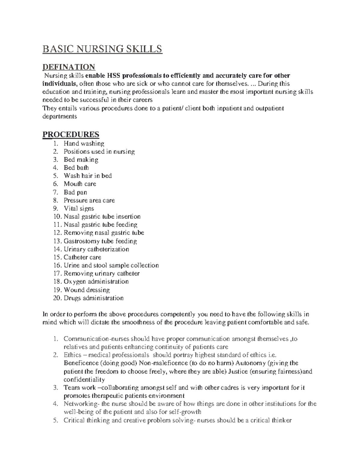NURSING SKILLS NOTES: Essential Procedures for Patient Care - Studocu