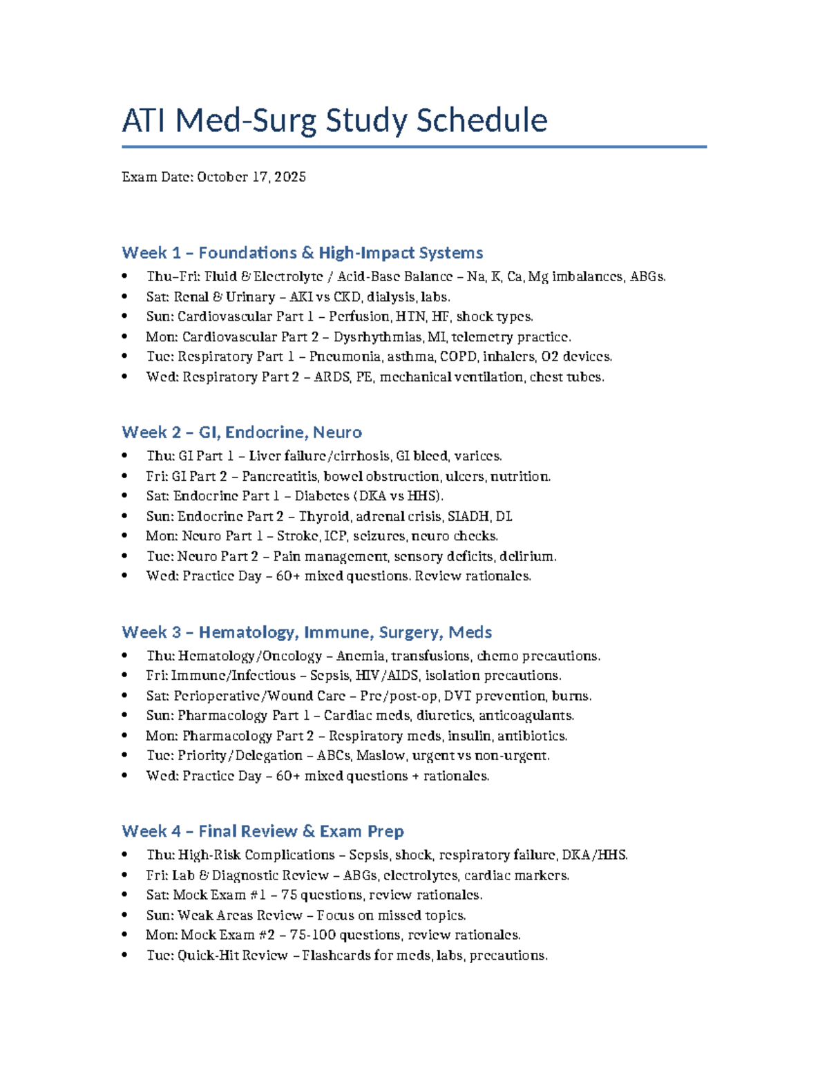 ATI Med Surg Study Schedule: Exam Prep & Review Plan - Studocu