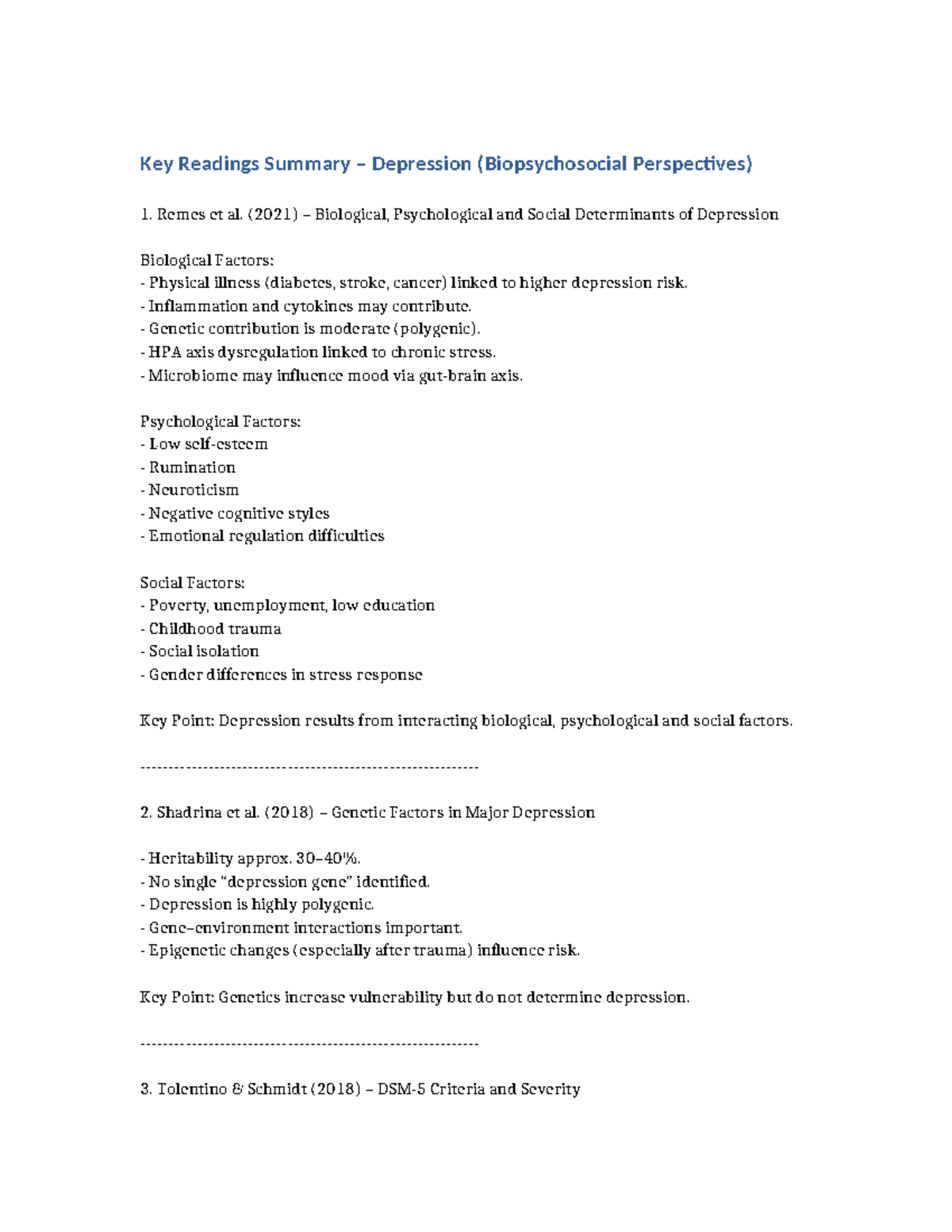 Key Readings Summary on Depression (Biopsychosocial Perspectives) - Studocu